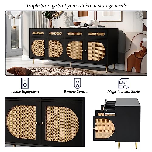 Modern TV Stand with 4 Rattan Doors and 4 Drawers, Entertainment Center for TVs Up to 65", Media Console Table Storage Sideboard Cabinet with Adjustable Shelves for Living Room Bedroom (Black-4R)