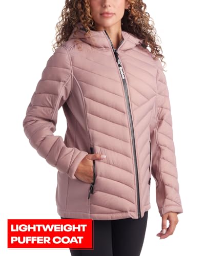 Reebok Women's Jacket - Lightweight Quilted Puffer Parka Coat with Flex Stretch Panels β Casual Jacket for Women (S-XL), Size Large, Dusty Rose