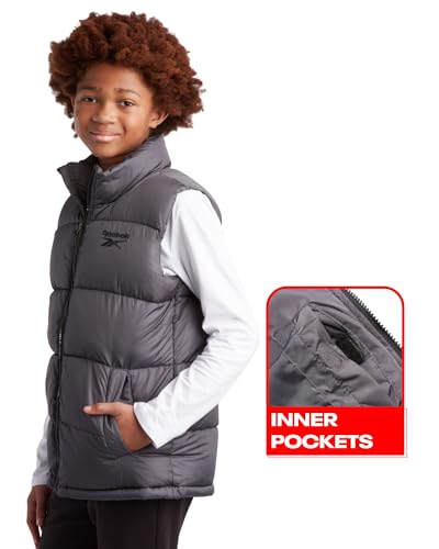 Reebok Boys Puffer Vest - Kids Lightweight Quilted Full Zip Vest - Outerwear Sleeveless Jacket for Boys (8-20), Size 8, Charcoal