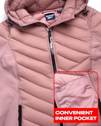 Reebok Women's Jacket - Lightweight Quilted Puffer Parka Coat with Flex Stretch Panels β Casual Jacket for Women (S-XL), Size Large, Dusty Rose