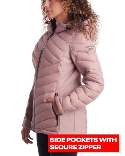 Reebok Women's Jacket - Lightweight Quilted Puffer Parka Coat with Flex Stretch Panels β Casual Jacket for Women (S-XL), Size Large, Dusty Rose