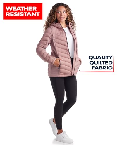 Reebok Women's Jacket - Lightweight Quilted Puffer Parka Coat with Flex Stretch Panels β Casual Jacket for Women (S-XL), Size Large, Dusty Rose