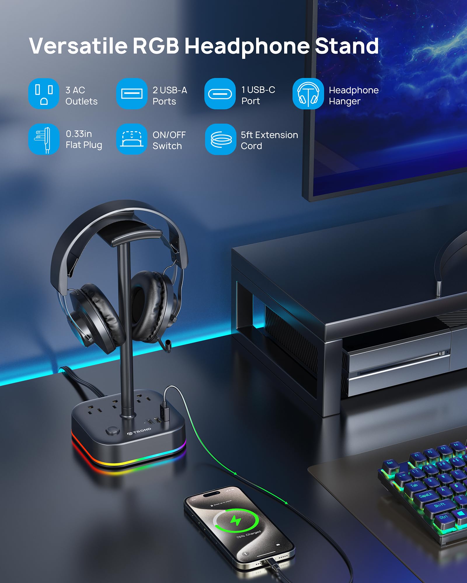 TROND Headphone Stand with USB C, Desk Gaming Headset Holder with 3 AC Outlets, 2 USB A and 1 USB C, Headset Stand with 5 RGB Light Modes, for Gaming Desk Accessories Gamer Boyfriend Gifts
