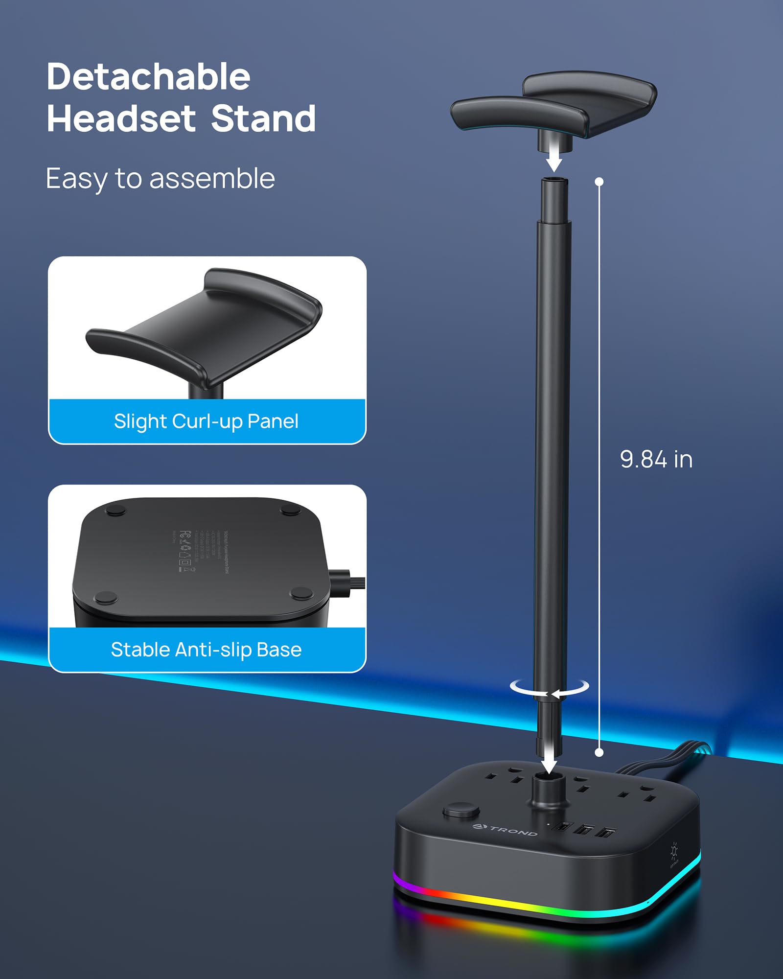 TROND Headphone Stand with USB C, Desk Gaming Headset Holder with 3 AC Outlets, 2 USB A and 1 USB C, Headset Stand with 5 RGB Light Modes, for Gaming Desk Accessories Gamer Boyfriend Gifts