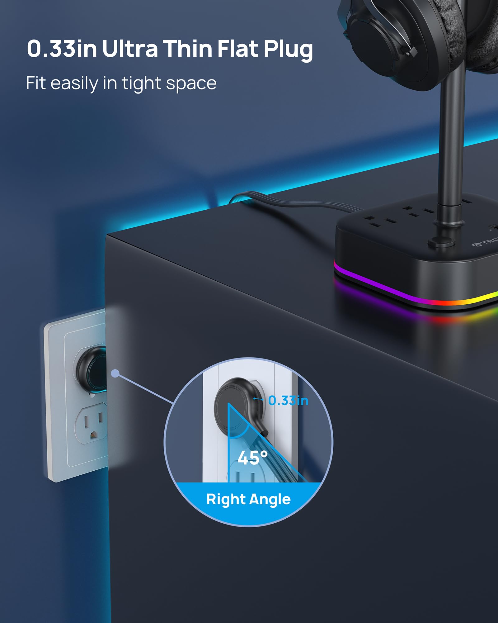 TROND Headphone Stand with USB C, Desk Gaming Headset Holder with 3 AC Outlets, 2 USB A and 1 USB C, Headset Stand with 5 RGB Light Modes, for Gaming Desk Accessories Gamer Boyfriend Gifts
