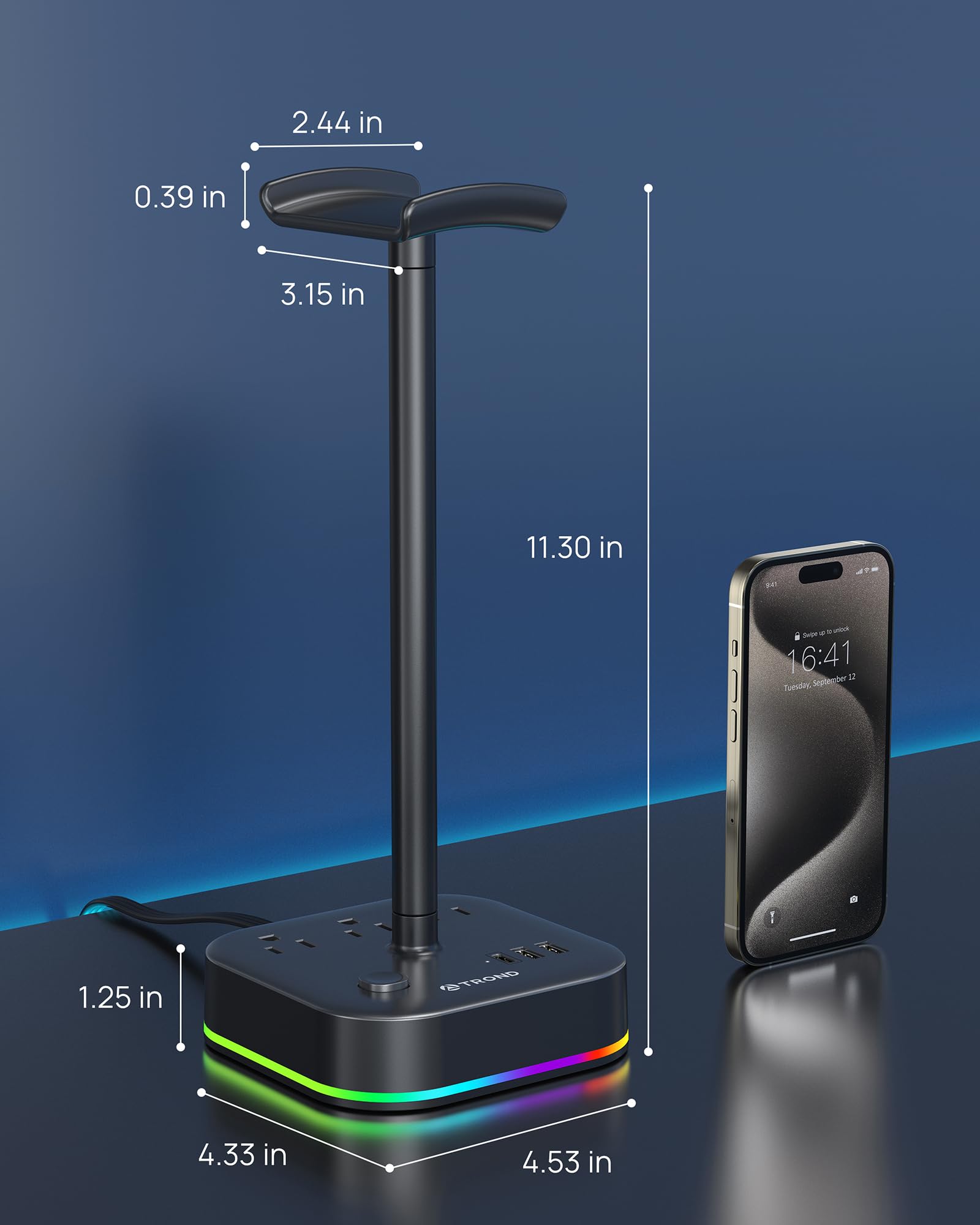 TROND Headphone Stand with USB C, Desk Gaming Headset Holder with 3 AC Outlets, 2 USB A and 1 USB C, Headset Stand with 5 RGB Light Modes, for Gaming Desk Accessories Gamer Boyfriend Gifts