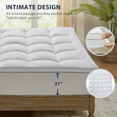 Homemate Mattress Pad Topper Queen - Cooling Pillow Top Quilted Fitted Mattress Pad Cover for Hot Sleepers - Mattress Pad Cover Plush Bed Topper Down Alternative Ultra Soft Mattress Protector for Back
