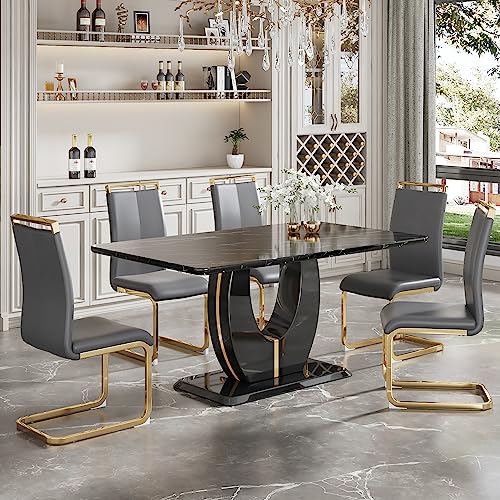 JUFU Modern Dining Table Set for 6,Rectangula Kitchen Table Set with Faux Marble Tabletop&6 Pu Leather Upholstered Chairs Ideal for Dining Room, Kitchen, Grey-golden Legs