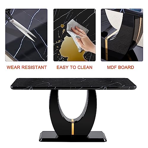 JUFU Modern Dining Table Set for 6,Rectangula Kitchen Table Set with Faux Marble Tabletop&6 Pu Leather Upholstered Chairs Ideal for Dining Room, Kitchen, Grey-golden Legs