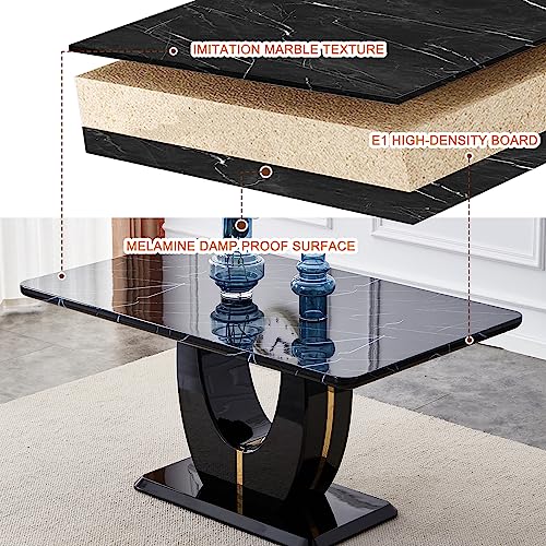 JUFU Modern Dining Table Set for 6,Rectangula Kitchen Table Set with Faux Marble Tabletop&6 Pu Leather Upholstered Chairs Ideal for Dining Room, Kitchen, Grey-golden Legs