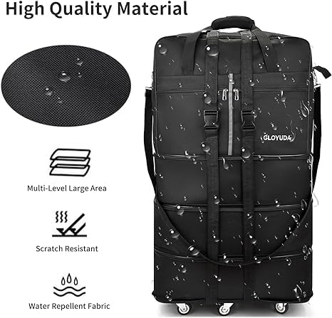 Gloyuda Expandable Foldable Luggage, 36'' Suitcase With Spinner Wheels, Rolling Duffel Travel Bag, Collapsible Luggage, With 2 Luggage Handle Wrap and 2 Fixing Straps, 1 Shoulder Strap (Black)