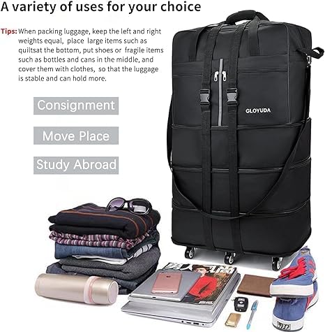 Gloyuda Expandable Foldable Luggage, 36'' Suitcase With Spinner Wheels, Rolling Duffel Travel Bag, Collapsible Luggage, With 2 Luggage Handle Wrap and 2 Fixing Straps, 1 Shoulder Strap (Black)