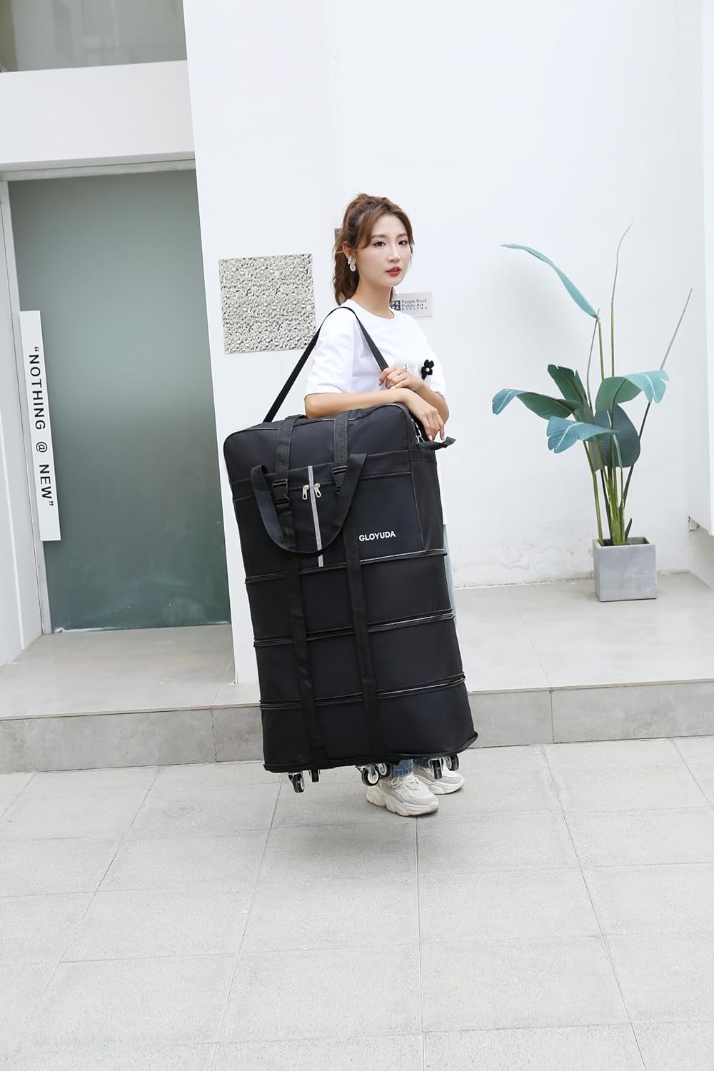 Gloyuda Expandable Foldable Luggage, 36'' Suitcase With Spinner Wheels, Rolling Duffel Travel Bag, Collapsible Luggage, With 2 Luggage Handle Wrap and 2 Fixing Straps, 1 Shoulder Strap (Black)
