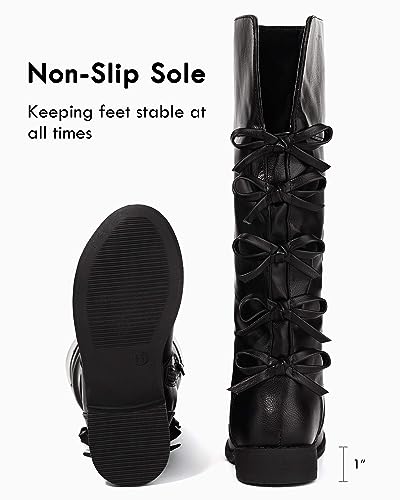 Coutgo Girls Knee High Boot Bowknot Low Chunky Heel Zipper Fashion Winter Riding Boots