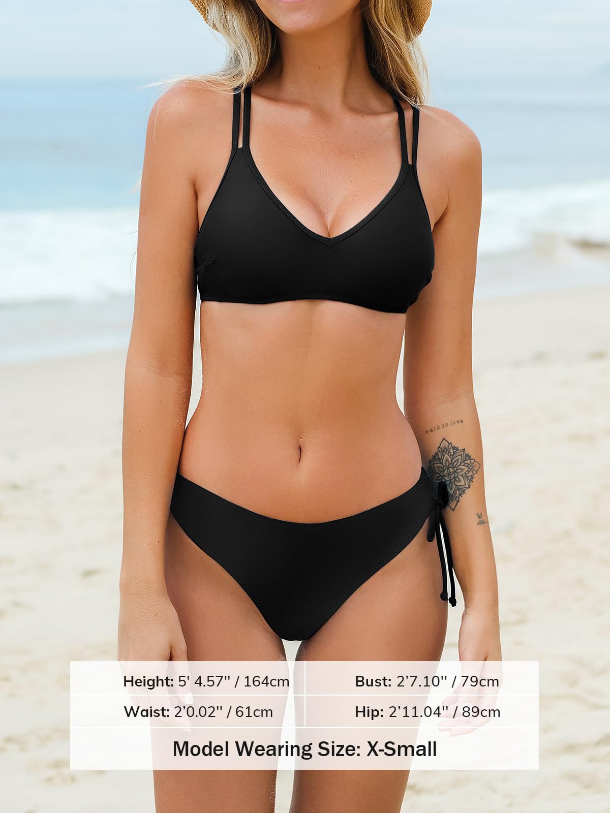 CUPSHE Women Swimsuit Bikini Set Two Piece Bathing Suit Criss Cross Back Tie Side with Double Spaghetti Straps, M Black