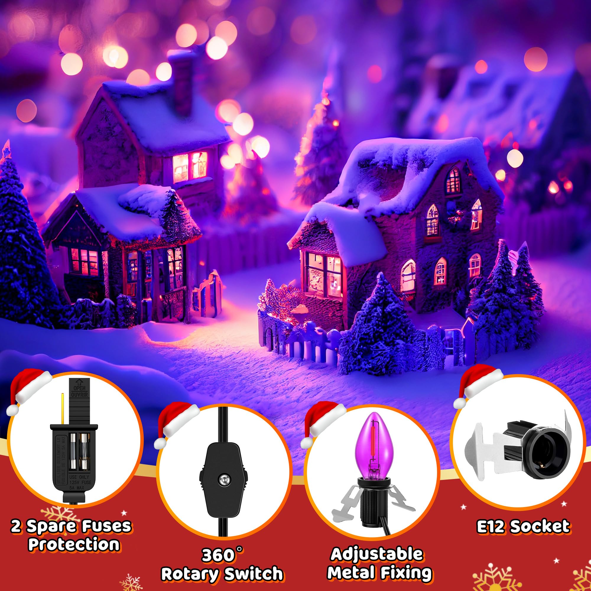Enhon 2 Pack Accessory Cord with 1 LED Light Bulb, 6ft Black Cord with On/Off Switch for Halloween Pumpkin, Blow Mold, Craft Projects, Paper Lantern, Village House, Holiday Ceramic Trees (Purple)