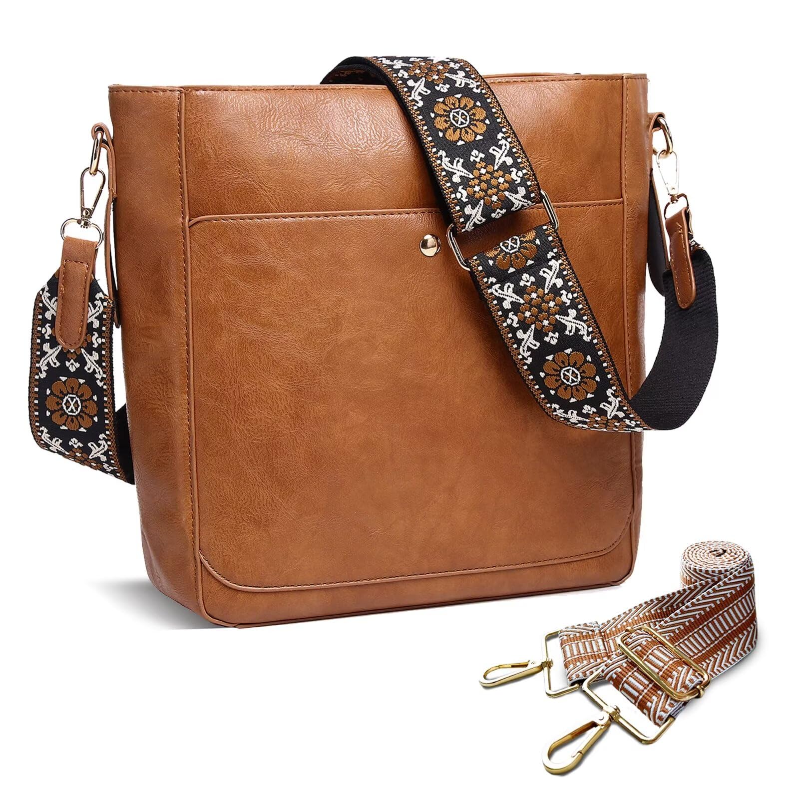 JCWhome Crossbody Bags for Women Trendy Vegan Leather Women's Hobo Handbags Purses Shoulder Bucket Bags with 2PCS Adjustable Guitar Straps