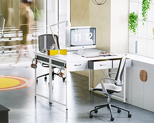 ODK 40 Inch Small Computer Desk with 3 Cloth Drawers for Home Office, Vanity Desk with Storage and Hook for Bedroom, Work Desk, Study Writing Table, White