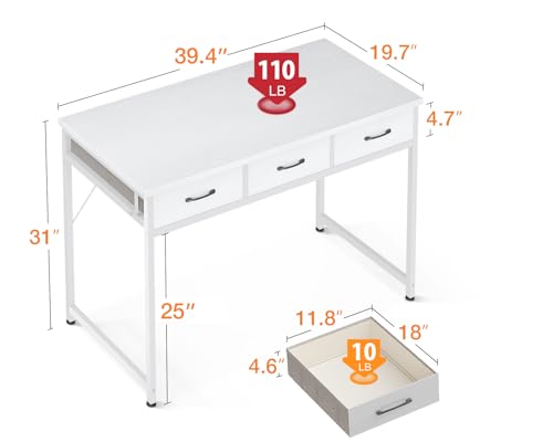ODK 40 Inch Small Computer Desk with 3 Cloth Drawers for Home Office, Vanity Desk with Storage and Hook for Bedroom, Work Desk, Study Writing Table, White