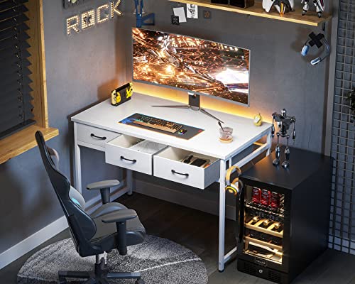 ODK 40 Inch Small Computer Desk with 3 Cloth Drawers for Home Office, Vanity Desk with Storage and Hook for Bedroom, Work Desk, Study Writing Table, White