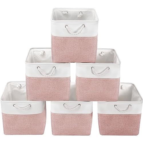 AUSSIY Cube Storage Bin, Collapsible Fabric Storage Bins With Handles, For Clothes Storage, Toys, Book , 13×13×13inches, Pack of 6 (White Pink)