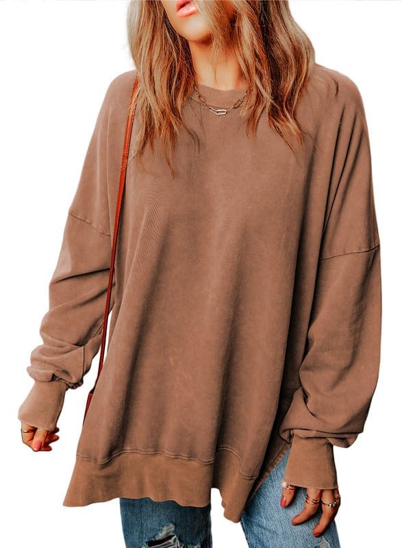 SHEWIN Womens Sweatshirt Casual Long Sleeve Crew Neck Loose Fleece Pullover Tops Lightweight Soft Fall Oversized Sweatshirts for Women,US 16-18(XL),Brown
