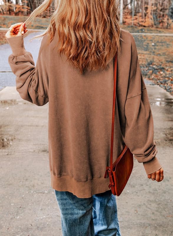 SHEWIN Womens Sweatshirt Casual Long Sleeve Crew Neck Loose Fleece Pullover Tops Lightweight Soft Fall Oversized Sweatshirts for Women,US 16-18(XL),Brown