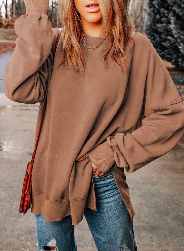 SHEWIN Womens Sweatshirt Casual Long Sleeve Crew Neck Loose Fleece Pullover Tops Lightweight Soft Fall Oversized Sweatshirts for Women,US 16-18(XL),Brown