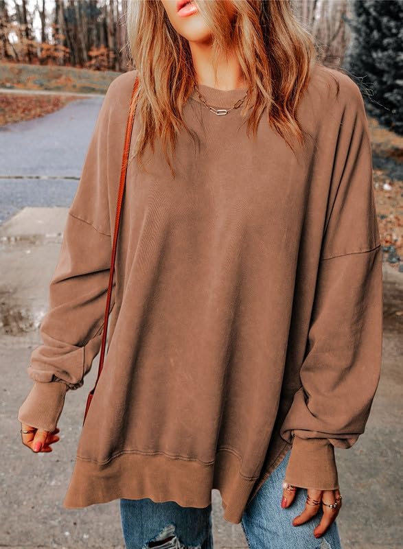 SHEWIN Womens Sweatshirt Casual Long Sleeve Crew Neck Loose Fleece Pullover Tops Lightweight Soft Fall Oversized Sweatshirts for Women,US 16-18(XL),Brown