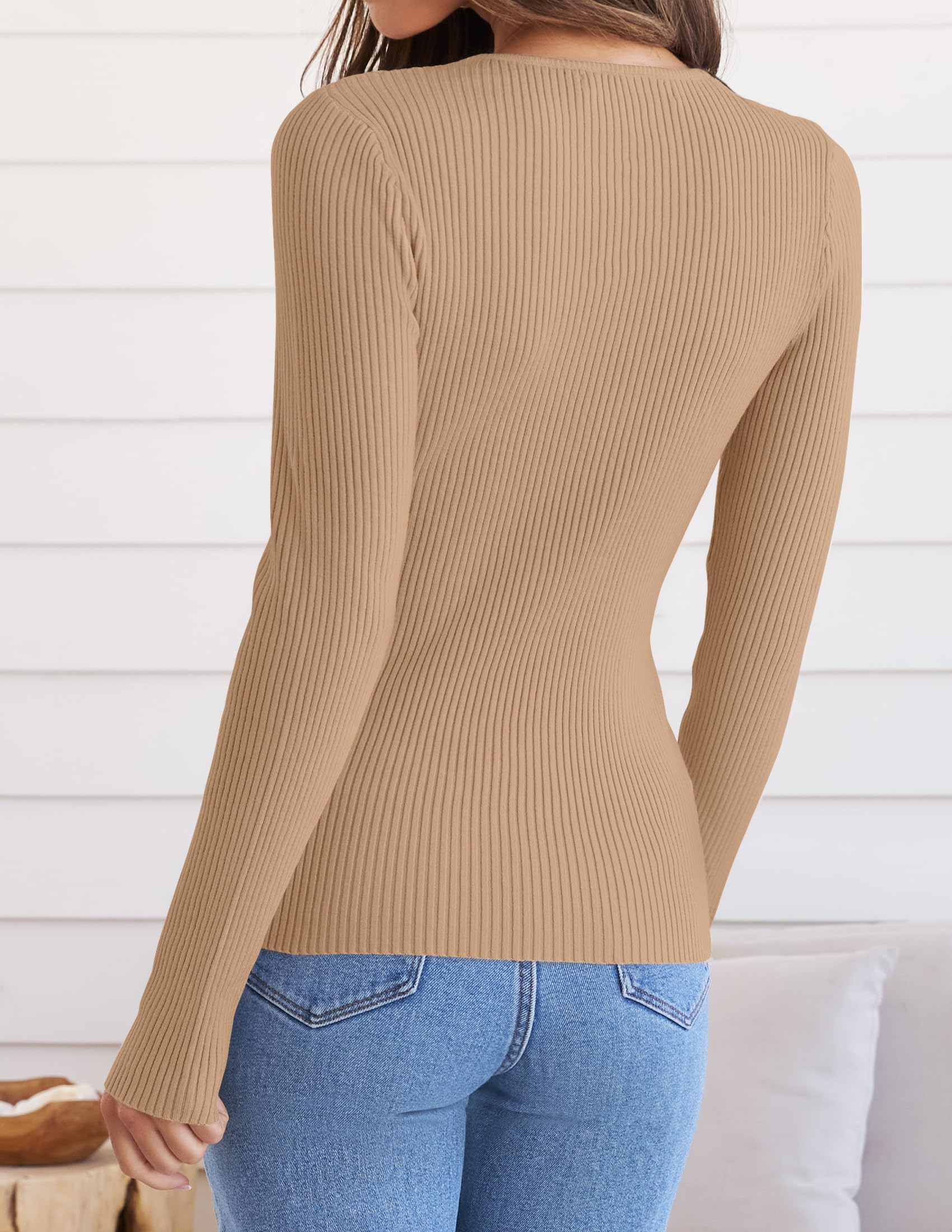 ZESICA Women's Long Sleeve Crewneck Shirts Spring Knit Sweater Slim Fitted Casual Basic Tee Tops,Toffee,Medium