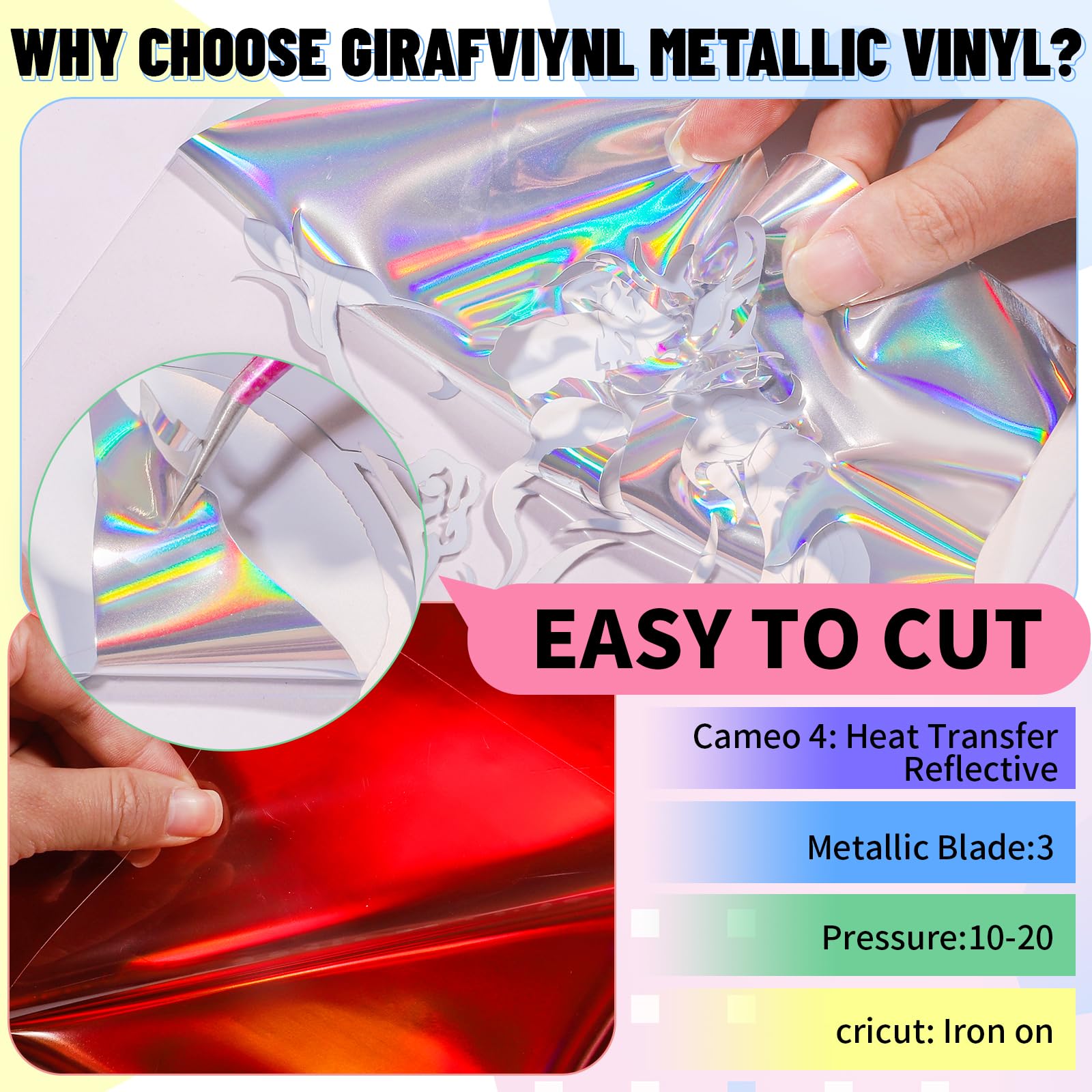 Holographic HTV Vinyl,Holographic Heat Transfer Vinyl - 12" X 12" 12 Sheets Soft Foil Iron on Vinyl for T-Shirts, Metallic Foil HTV Vinyl for Garments