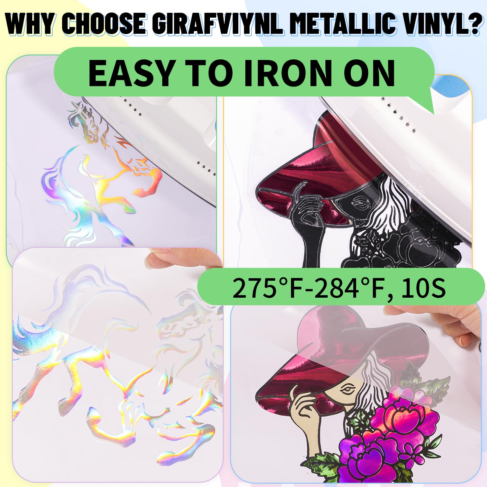Holographic HTV Vinyl,Holographic Heat Transfer Vinyl - 12" X 12" 12 Sheets Soft Foil Iron on Vinyl for T-Shirts, Metallic Foil HTV Vinyl for Garments
