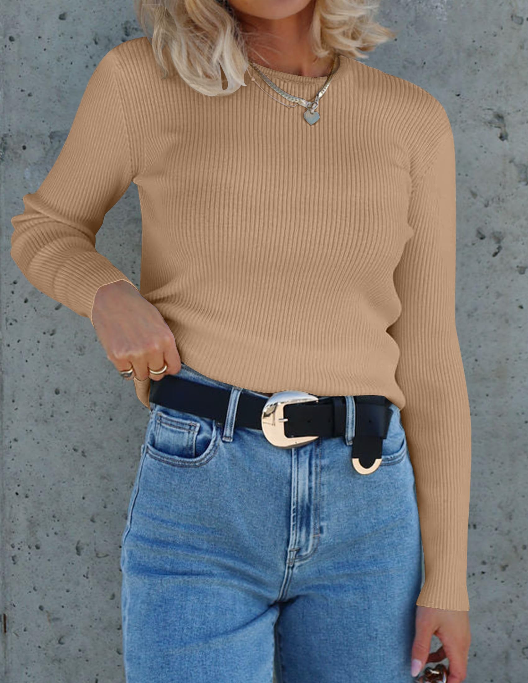ZESICA Women's Long Sleeve Crewneck Shirts Spring Knit Sweater Slim Fitted Casual Basic Tee Tops,Toffee,Medium