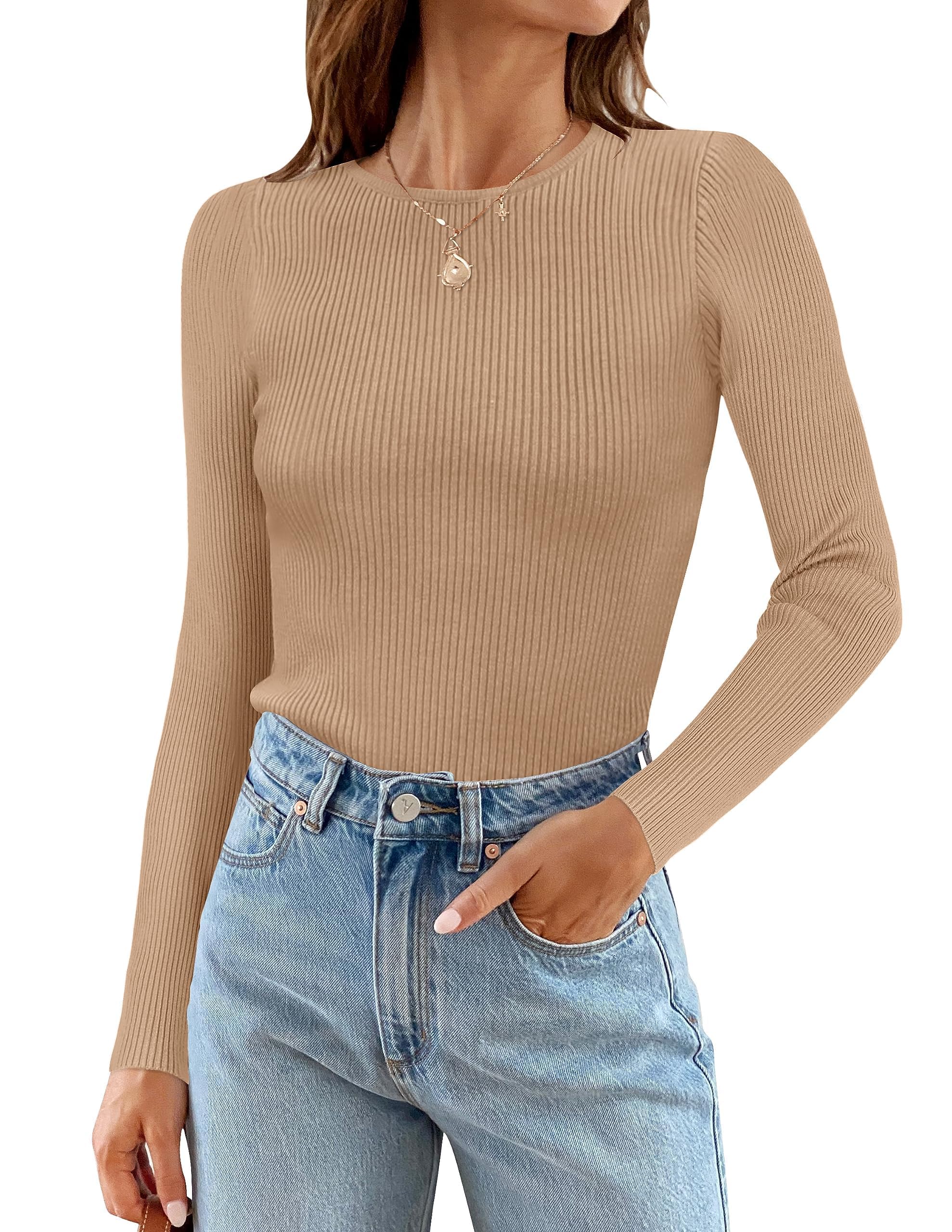 ZESICA Women's Long Sleeve Crewneck Shirts Spring Knit Sweater Slim Fitted Casual Basic Tee Tops,Toffee,Medium