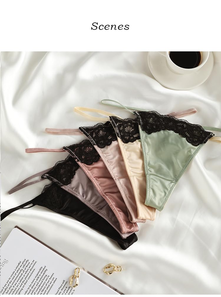 abandi Womens Silk Satin Thong Panties Silkly G-String Thongs T Back Lace Thong Underwear Pack of 5, Size M