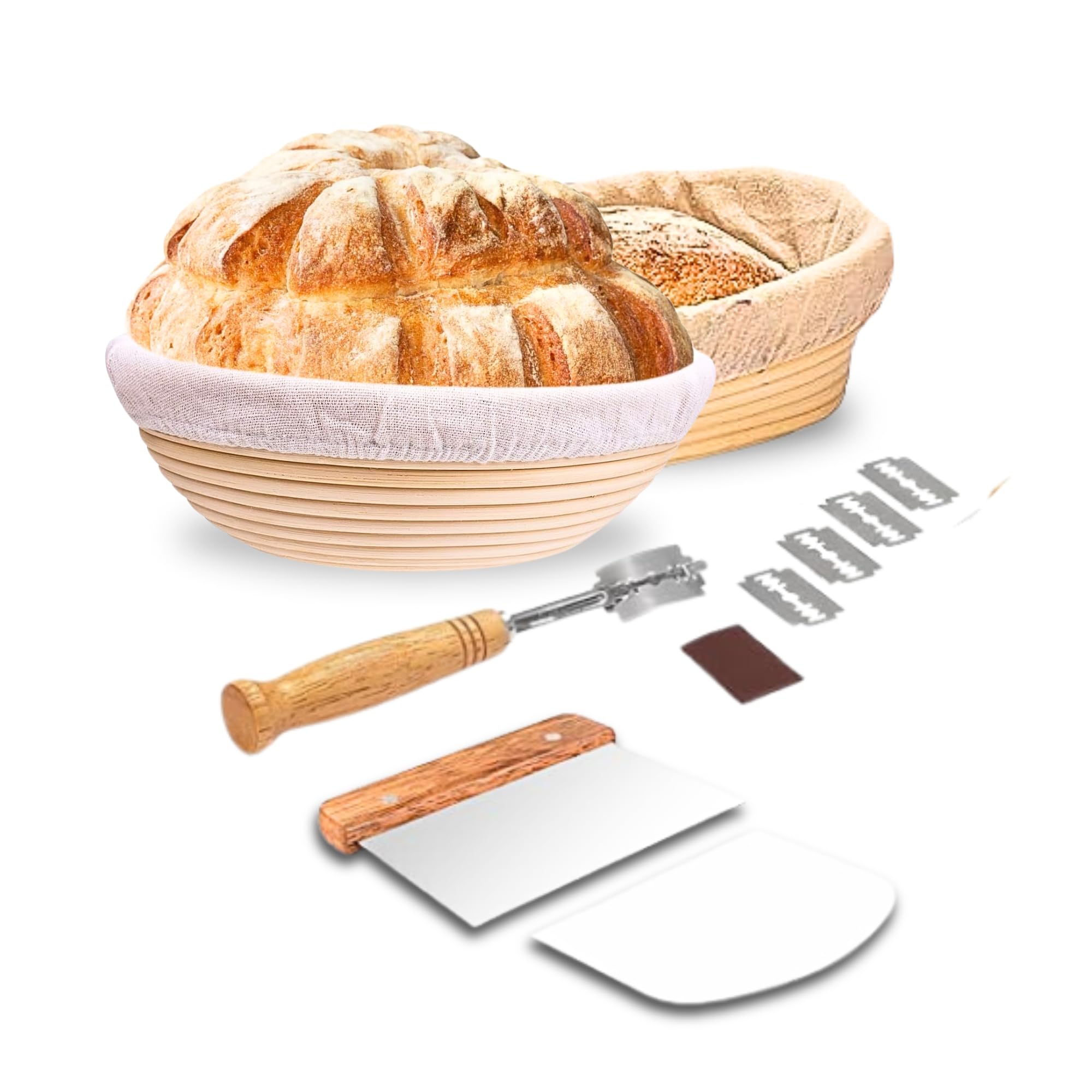 Banneton Bread Proofing Basket Set - Oval & Round Sourdough Proofing Basket w/Cover, Metal & Plastic Scraper, Scoring Lame w/Leather Case and 5 Blades - Bread Making Tools and Supplies (13 pieces)