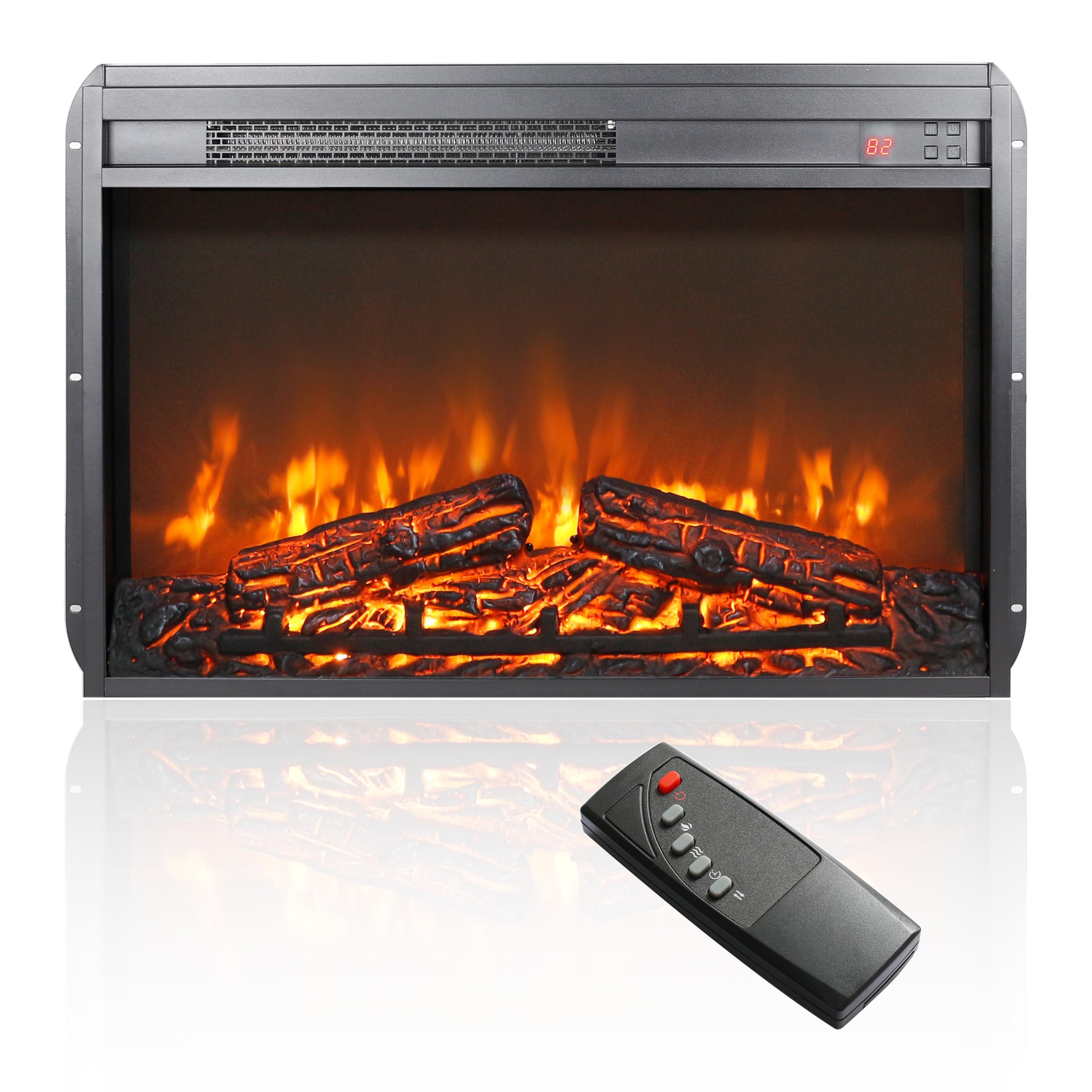 26 Inch Electric Fireplace Insert, Ultra Thin Heater with Log Set & Realistic Flame, Remote Control with Timer, Overheating Protection, BOJATU