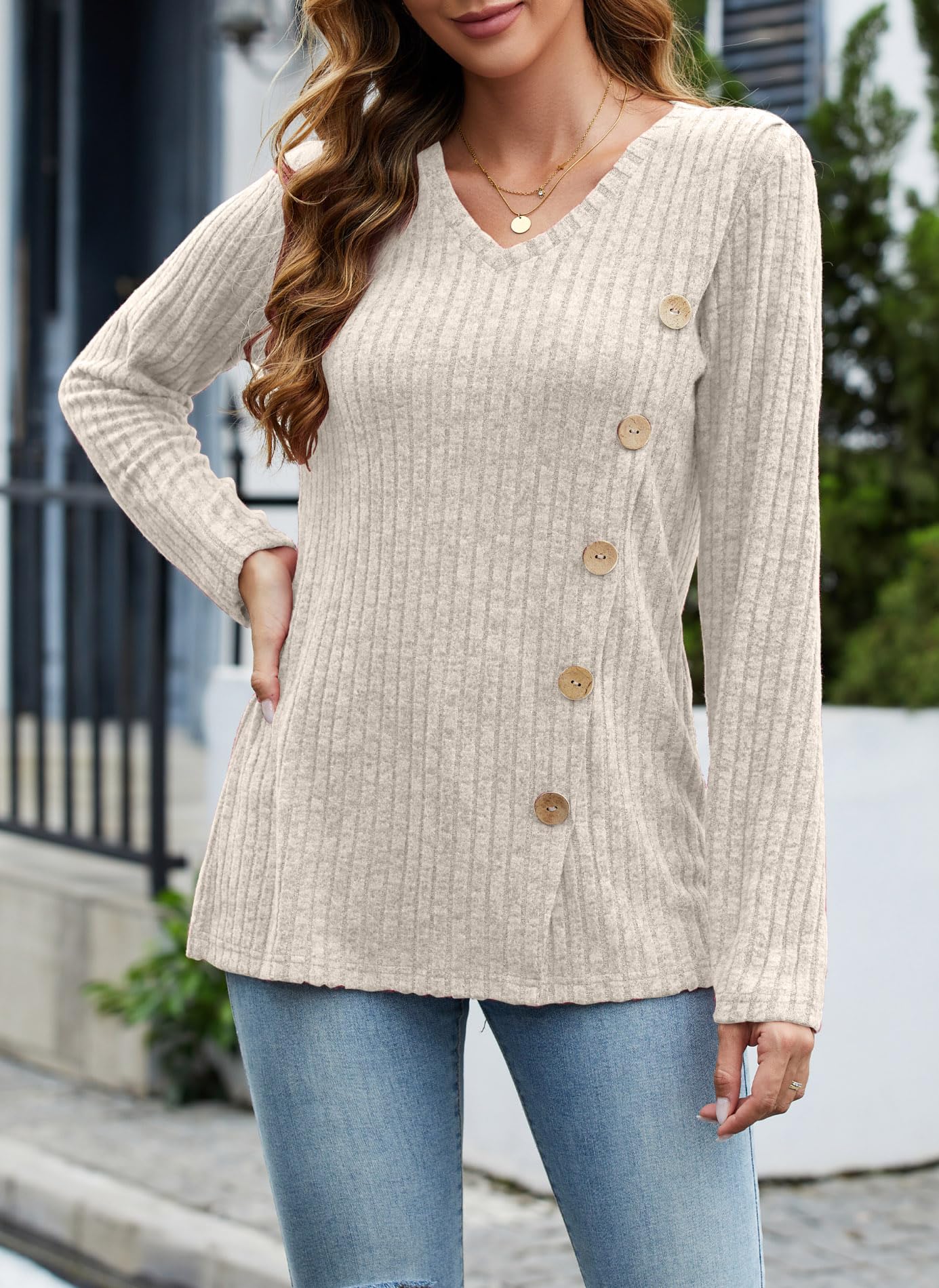 Dimur Fall Sweaters for Women 2023 V Neck Long Sleeve Shirts Going Out Tops 2023 Apricot Small