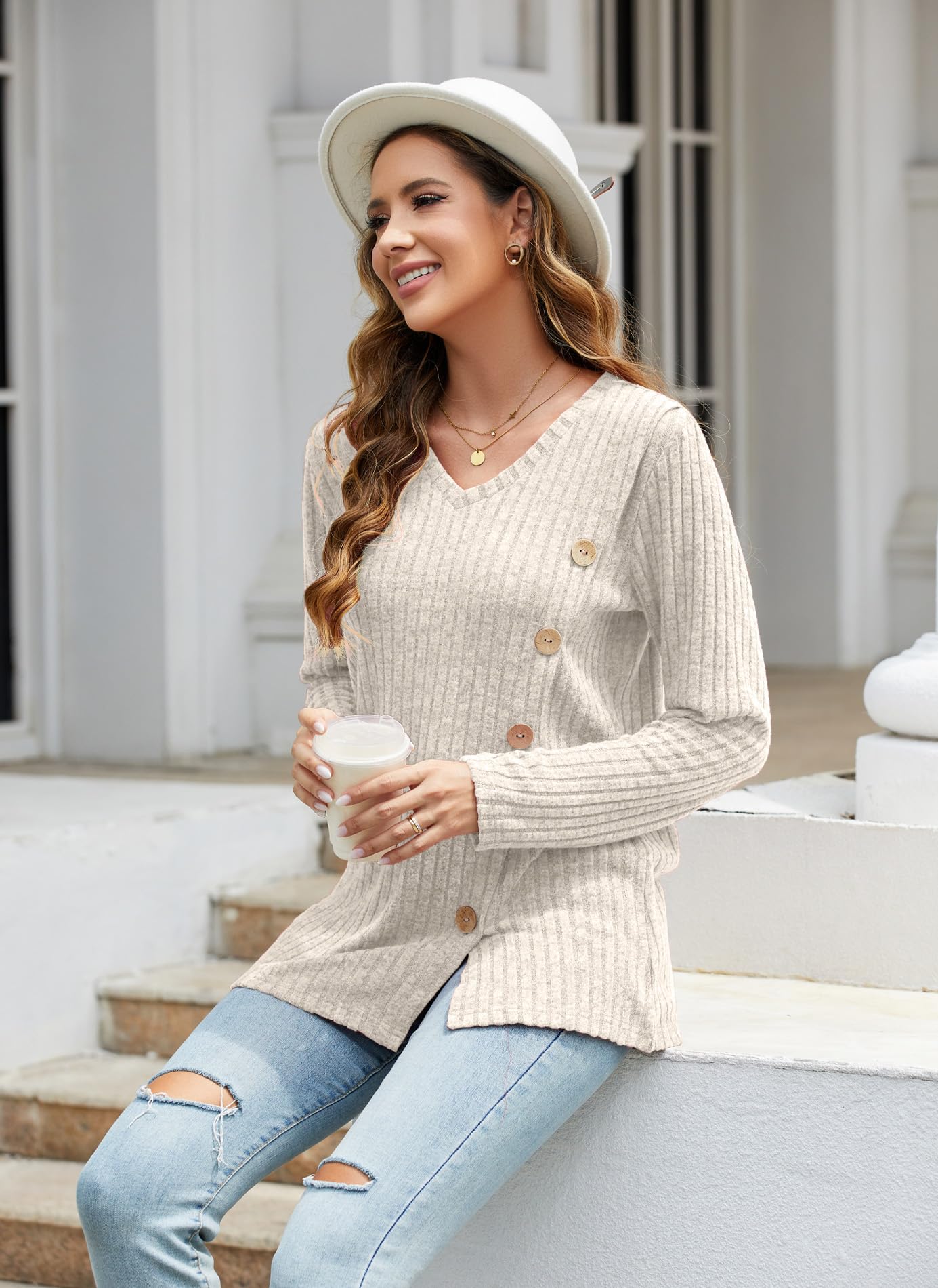Dimur Fall Sweaters for Women 2023 V Neck Long Sleeve Shirts Going Out Tops 2023 Apricot Small