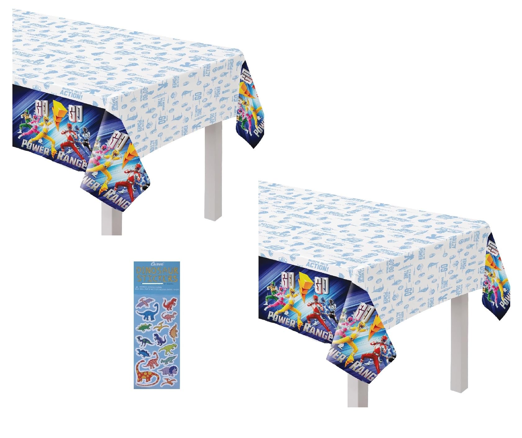 Amscan Power Rangers Birthday Party Supplies Bundle Pack Includes Plastic Table Covers - 2 Pack and 1 Dinosaur Sticker Sheet