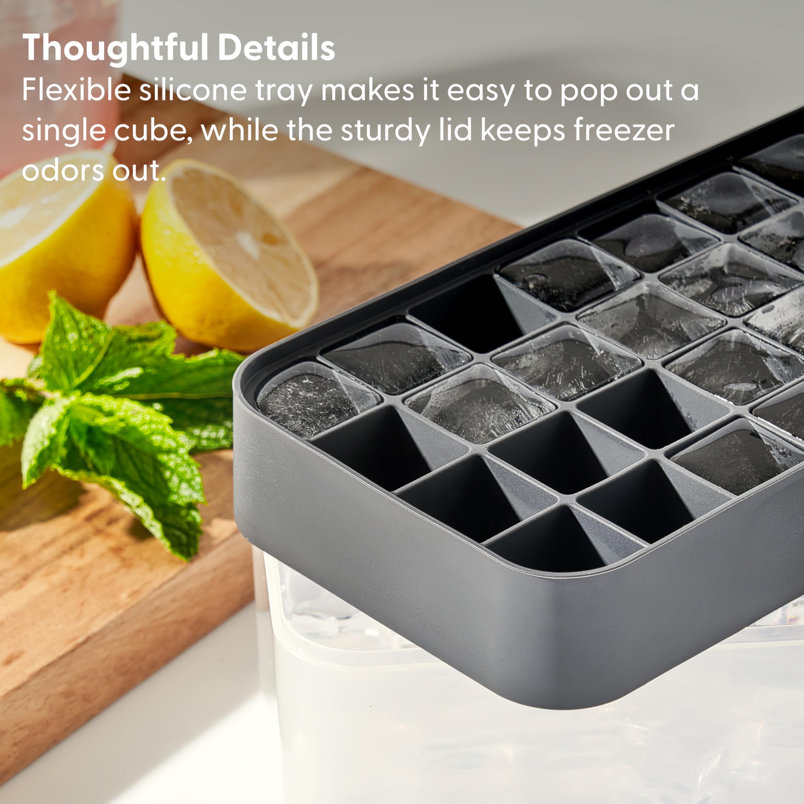 W&P Ice Box Silicone Ice Cube Tray with Lid & Bin, Holds 96 Cubes, Easy Release, Space-Saving Stackable Design, Dishwasher Safe, Cream, Large