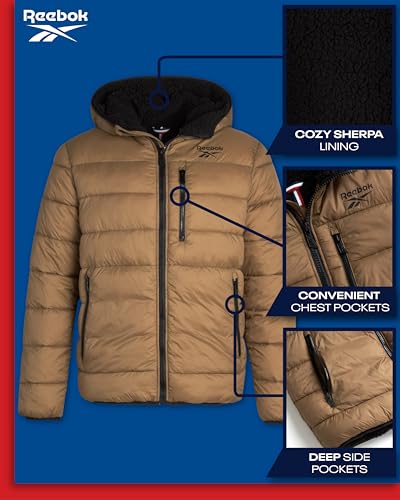 Reebok Men's Winter Jacket - Heavyweight Quilted Puffer Parka Coat - Ski Jacket for Men, Sherpa Lined Hood (S-XL), Size Medium, Taupe
