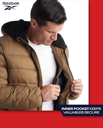 Reebok Men's Winter Jacket - Heavyweight Quilted Puffer Parka Coat - Ski Jacket for Men, Sherpa Lined Hood (S-XL), Size Medium, Taupe