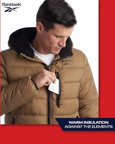 Reebok Men's Winter Jacket - Heavyweight Quilted Puffer Parka Coat - Ski Jacket for Men, Sherpa Lined Hood (S-XL), Size Medium, Taupe
