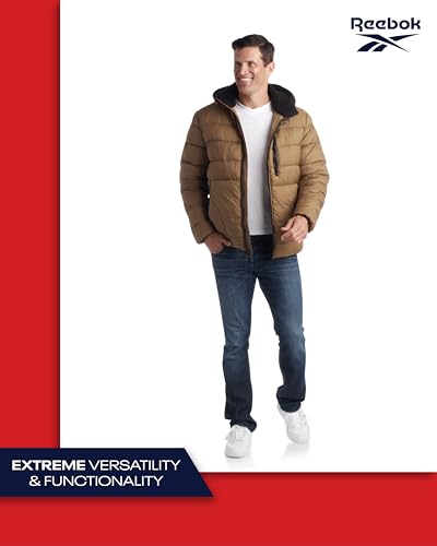Reebok Men's Winter Jacket - Heavyweight Quilted Puffer Parka Coat - Ski Jacket for Men, Sherpa Lined Hood (S-XL), Size Medium, Taupe