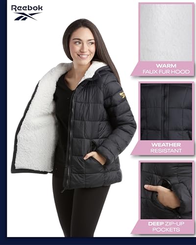 Reebok Women's Winter Jacket - Heavyweight Quilted Puffer Parka Coat - Sherpa Lined Ski Jacket for Women (S-XL), Size Medium, Black