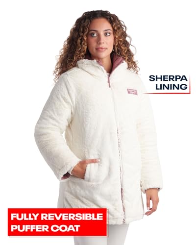 Reebok Women's Winter Jacket - Reversible Quilted Puffer with Sherpa Fleece Lining β Parka Coat for Women (S-3X, Plus Size), Size Large, Dark Dusty Rose