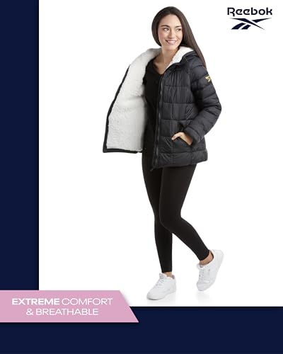 Reebok Women's Winter Jacket - Heavyweight Quilted Puffer Parka Coat - Sherpa Lined Ski Jacket for Women (S-XL), Size Medium, Black