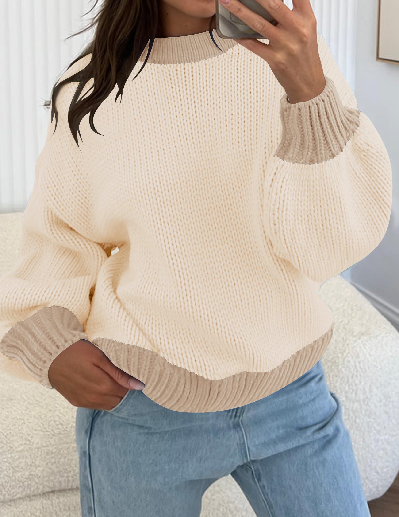 ZESICA Women's Casual Long Sleeve Crew Neck Pullover 2025 Spring Ribbed Knit Loose Contrast Color Sweater Tops,Apricot,Medium