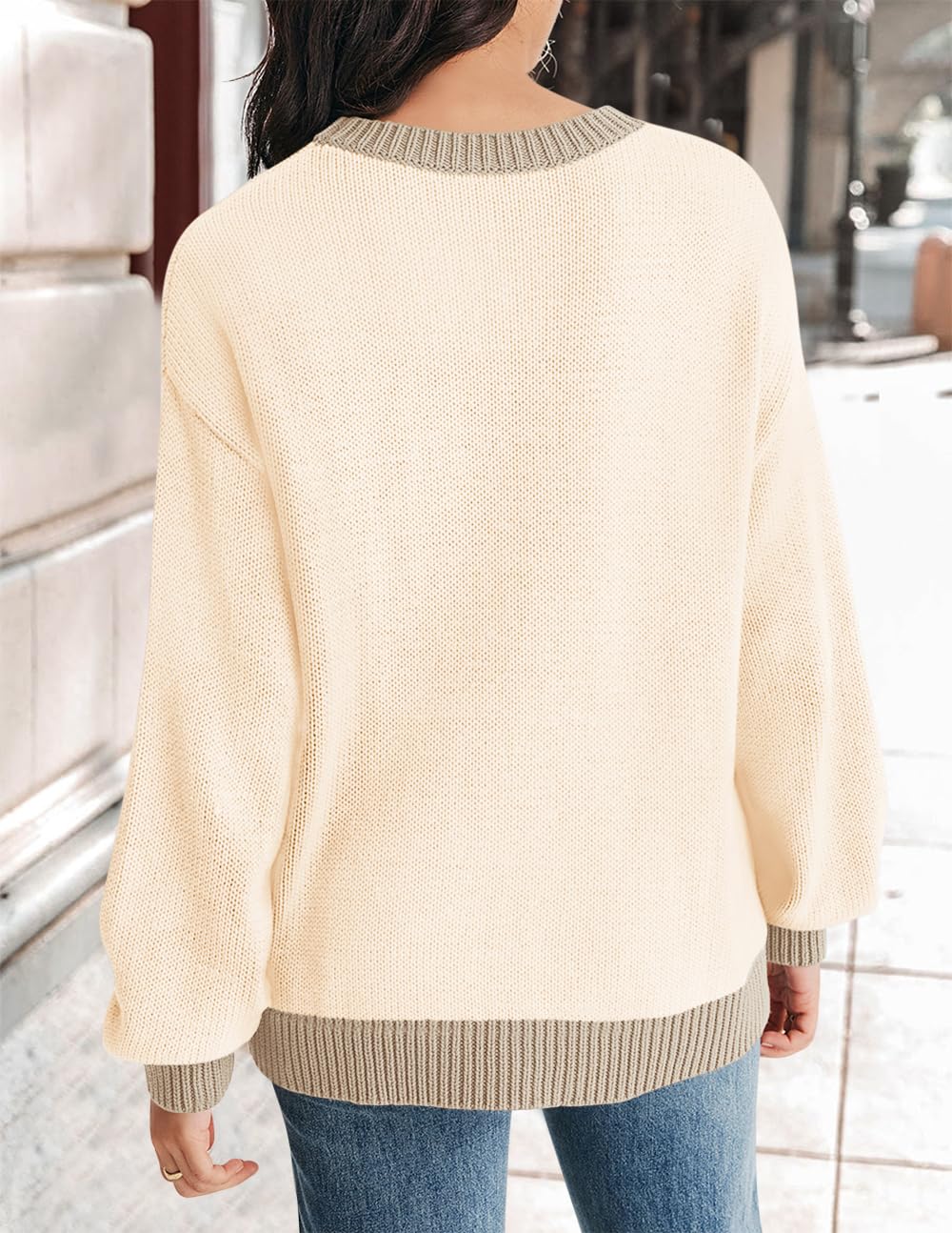 ZESICA Women's Casual Long Sleeve Crew Neck Pullover 2025 Spring Ribbed Knit Loose Contrast Color Sweater Tops,Apricot,Medium